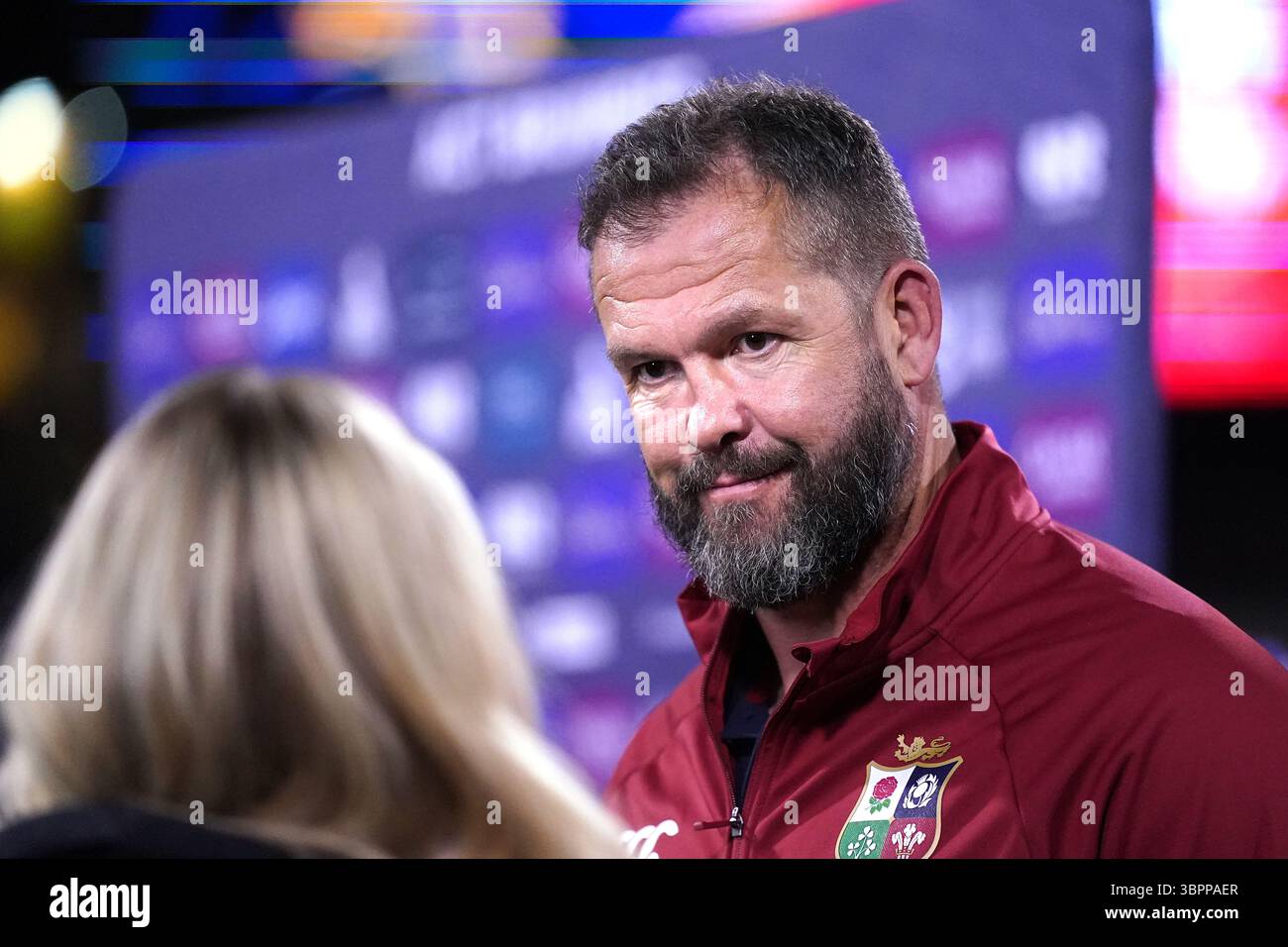 The British & Irish Lions head coach Andy Farrell being interviewed by ...