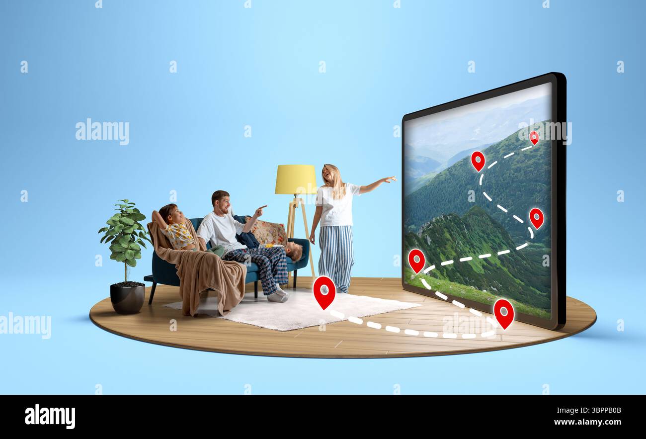 Family exploring travel routes on a digital map at home. 3D island ...