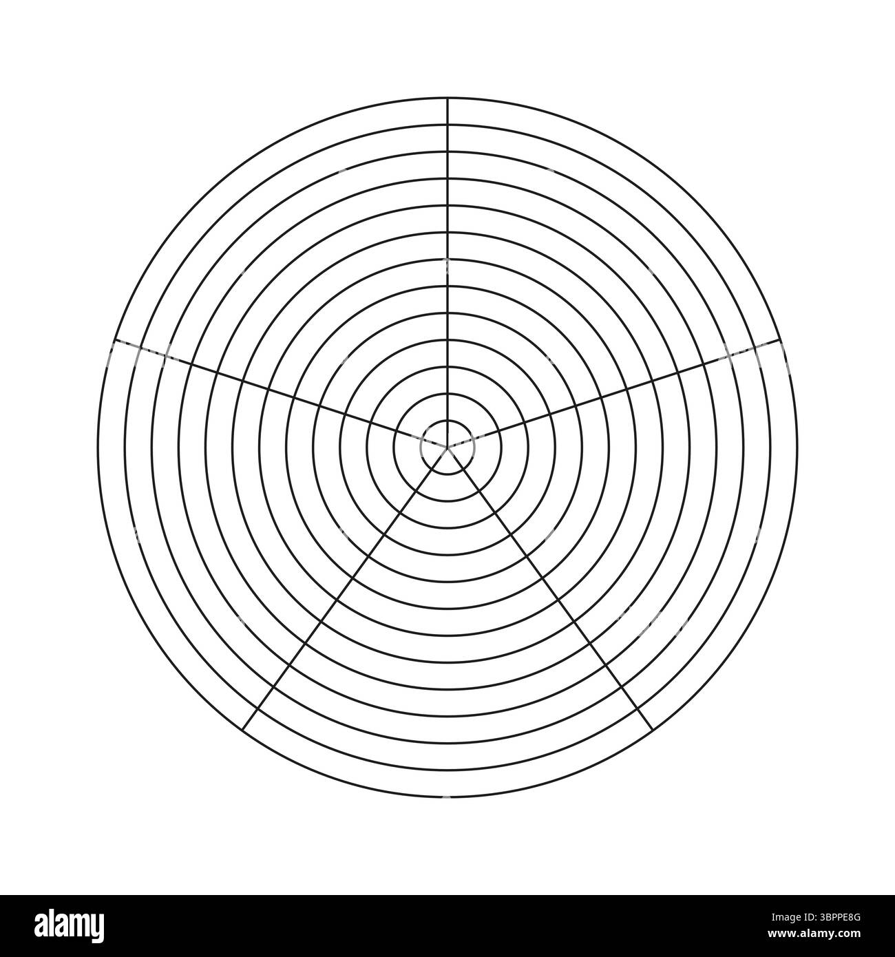 Coaching tool. Wheel of life template. Polar grid of 5 segments and 12 concentric circles ...