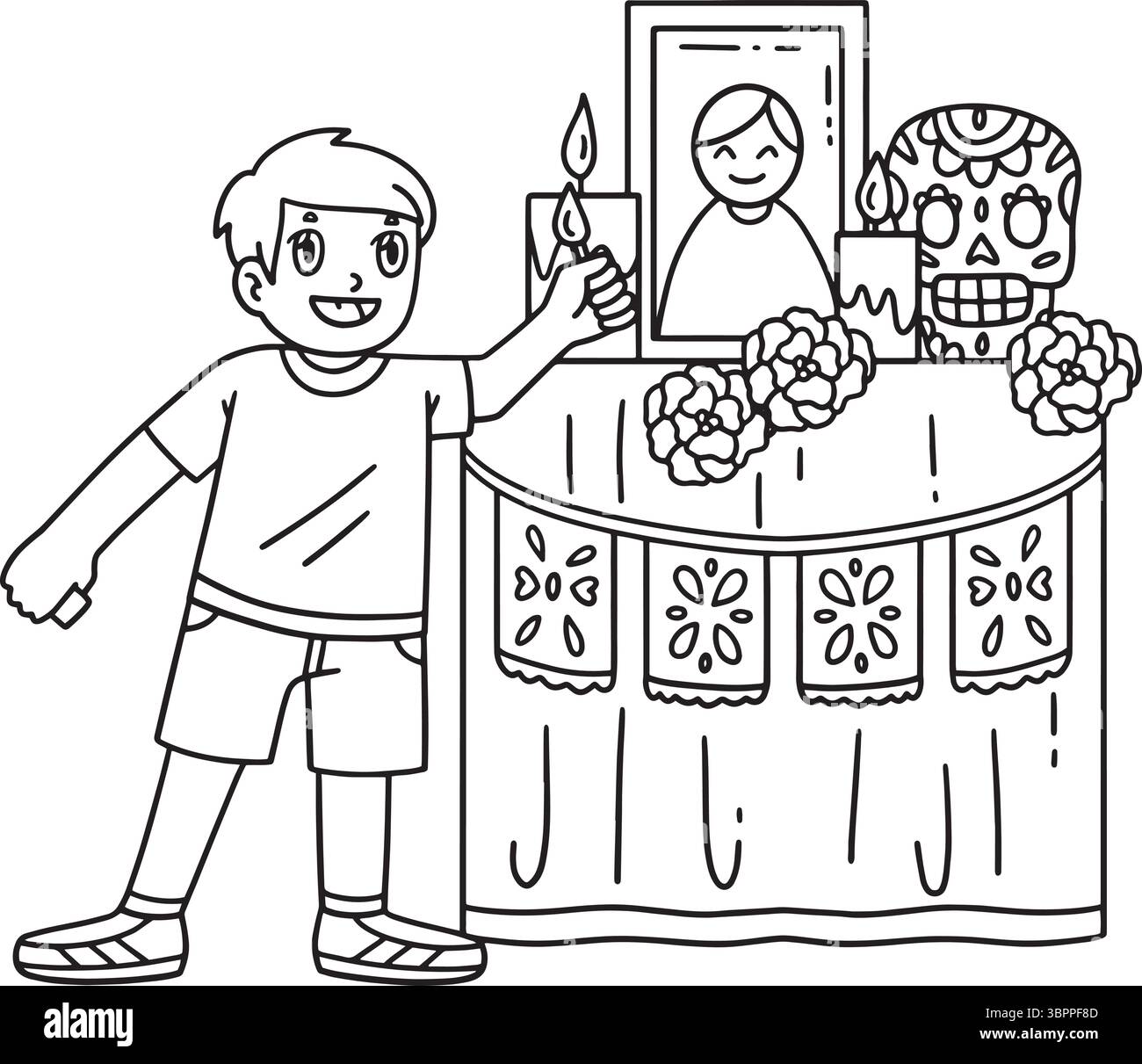 Dia de los Muertos Boy Lighting Candles on Ofrenda Stock Vector Image ...