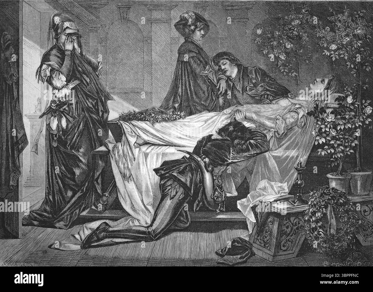 Young woman on her deathbed, mourned by her family, 1869, Historical ...
