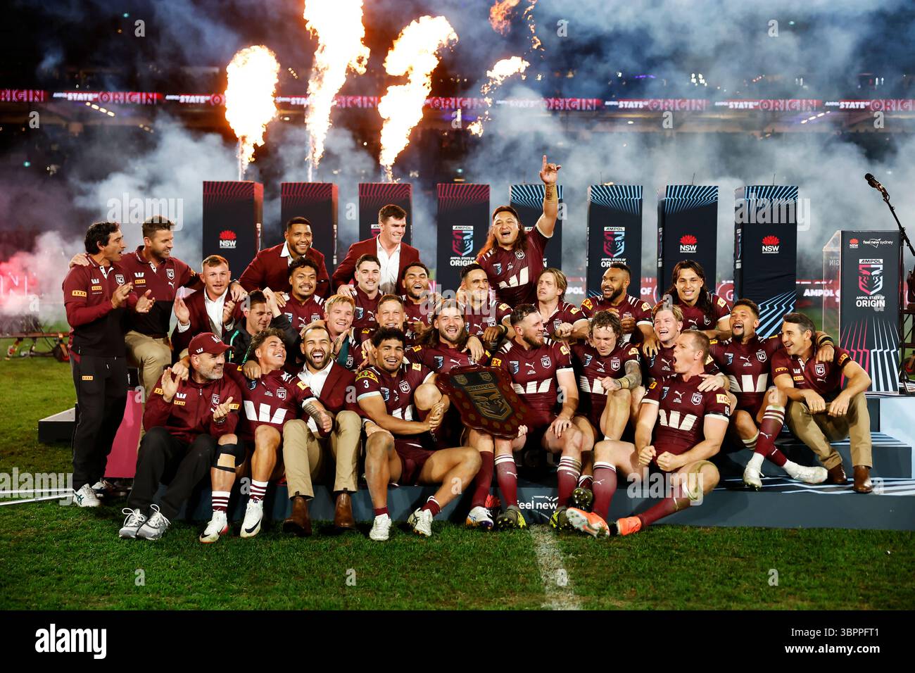 Sydney, Australia. 09th July, 2025. Maroons players celebrate with the ...