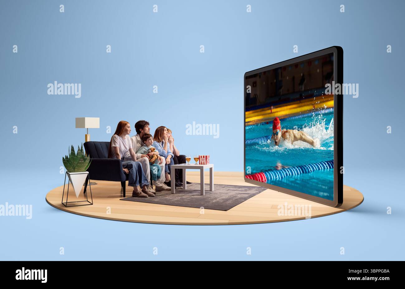Family watching swimming competition on large screen in modern living ...