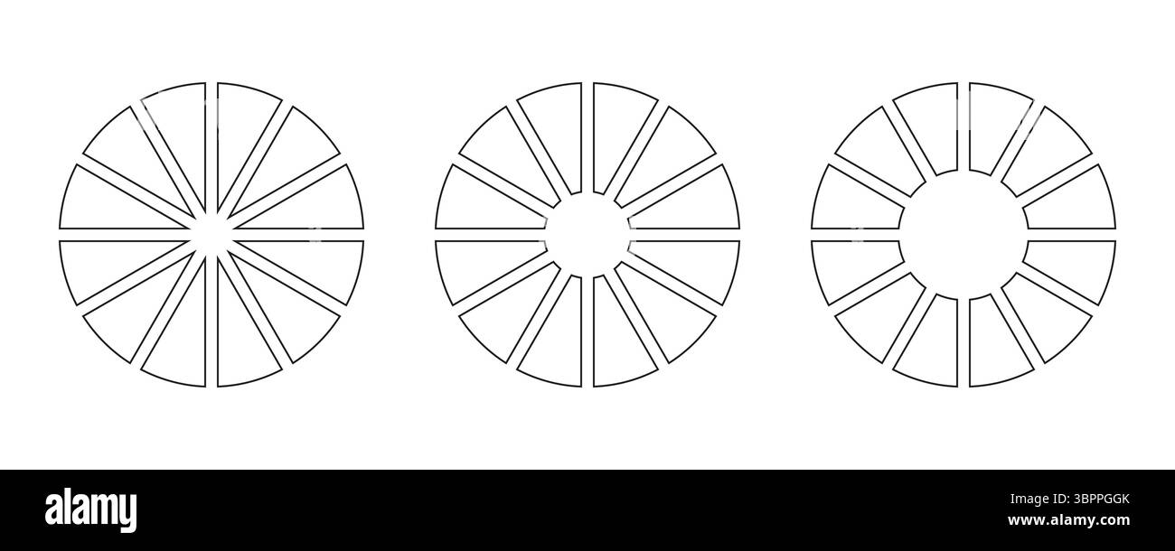 Wheels round divided in twelve sections. Outline donut charts or pies ...
