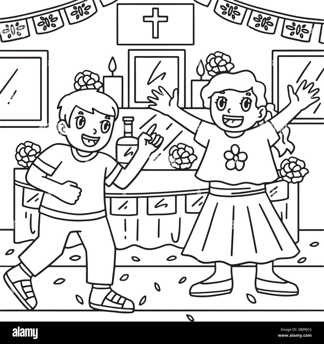 Dia de los Muertos Kids Over Ofrenda Coloring Stock Vector Image & Art ...