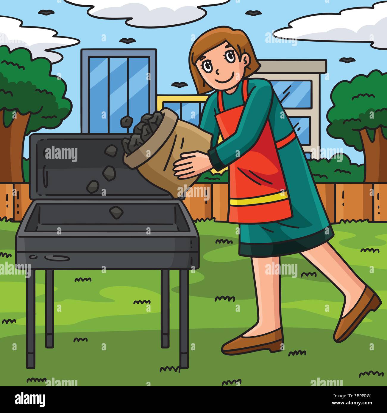 BBQ and Grilling Mom Pouring Coal Colored Cartoon Stock Vector Image ...