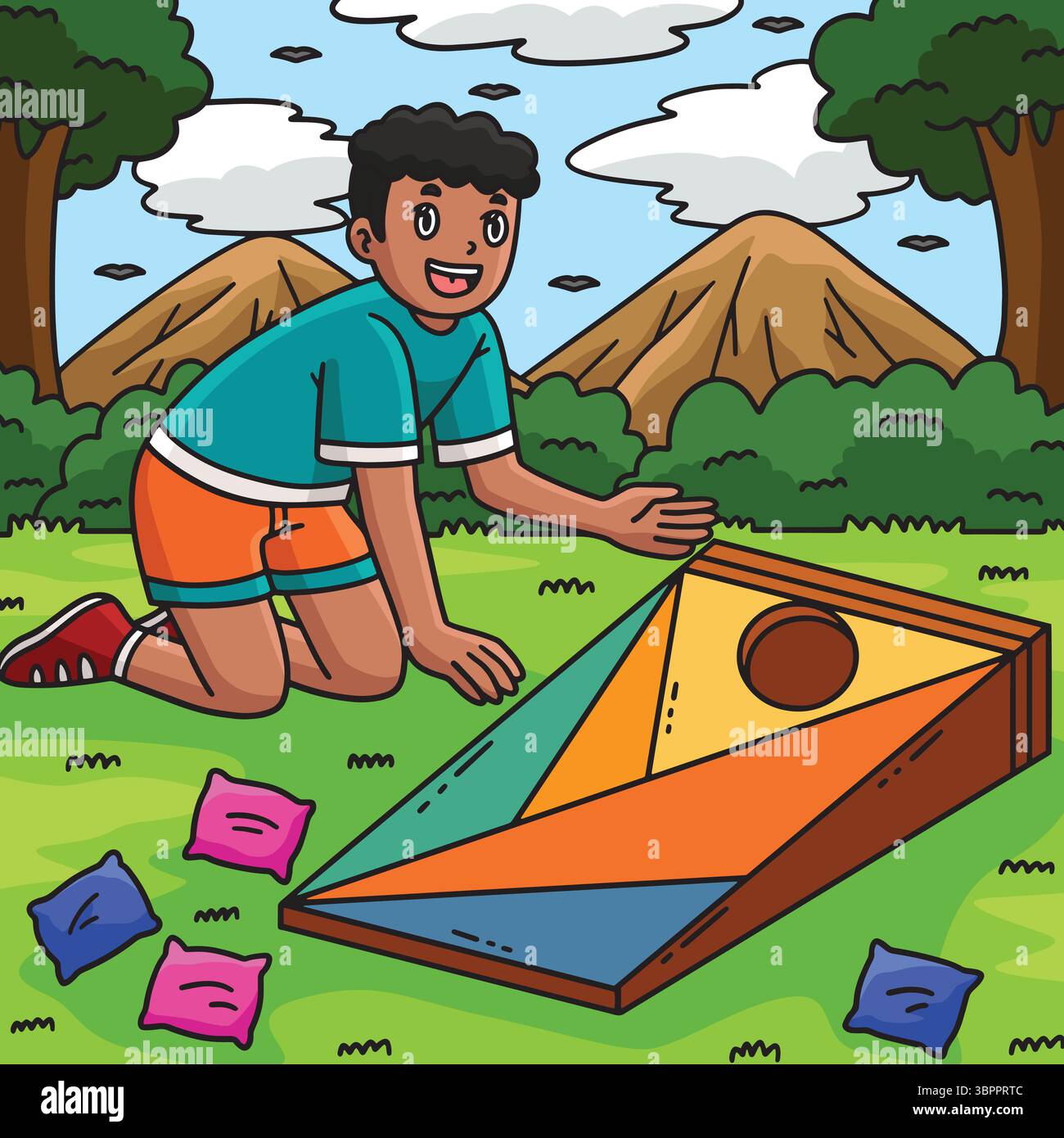 Cornhole Boy Setting Up Board Colored Cartoon Stock Vector Image & Art ...
