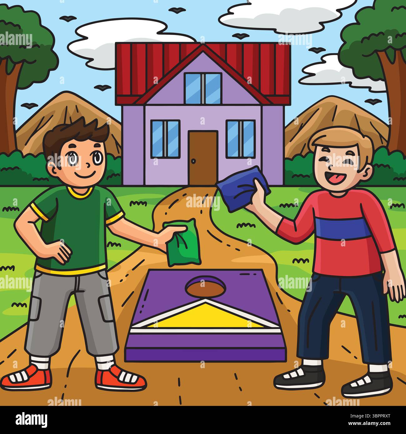 Cornhole Boys Playing Colored Cartoon Illustration Stock Vector Image ...