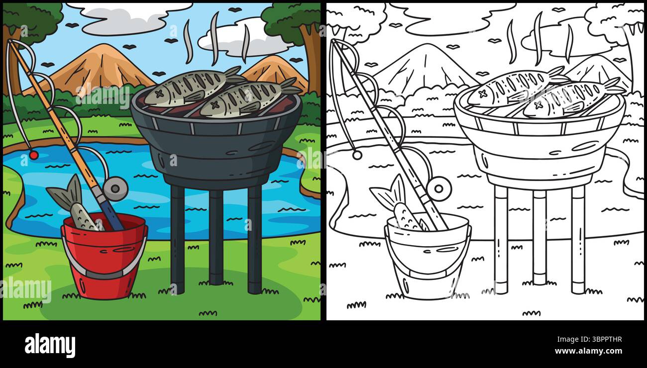 BBQ and Grilling Fish Coloring Page Illustration Stock Vector Image ...