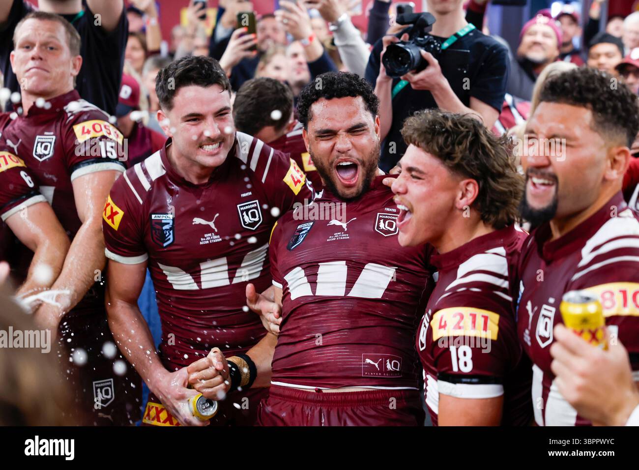 Sydney, Australia. 09th July, 2025. Maroons players sing the team song ...