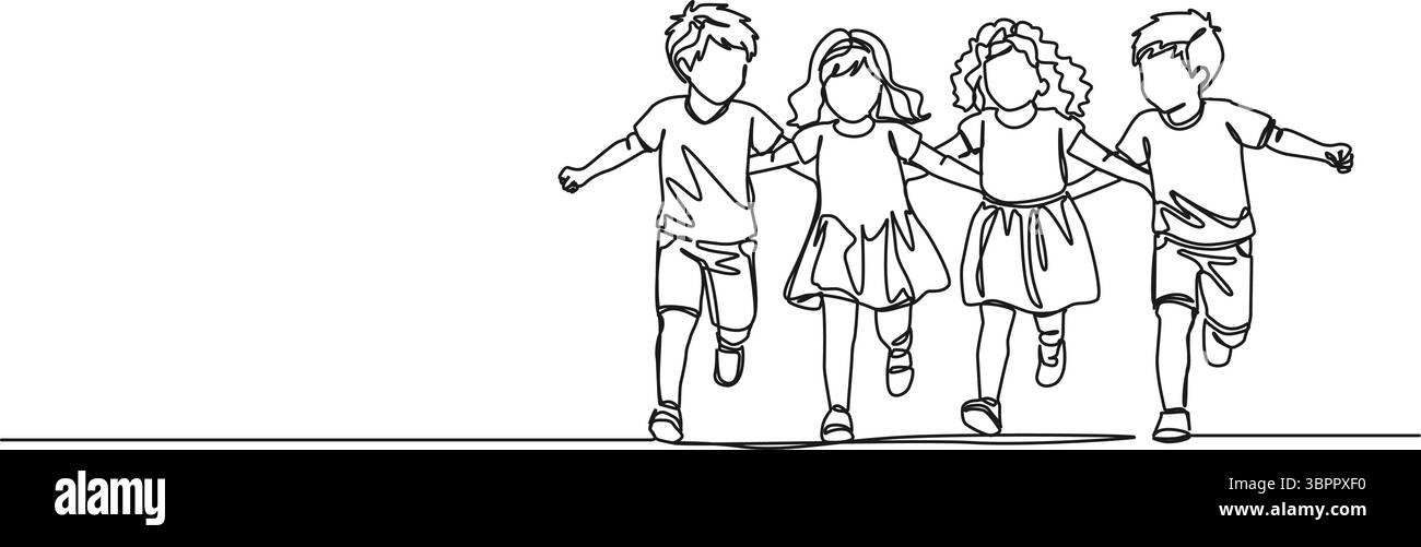continuous single line drawing of four children joyfully running around ...