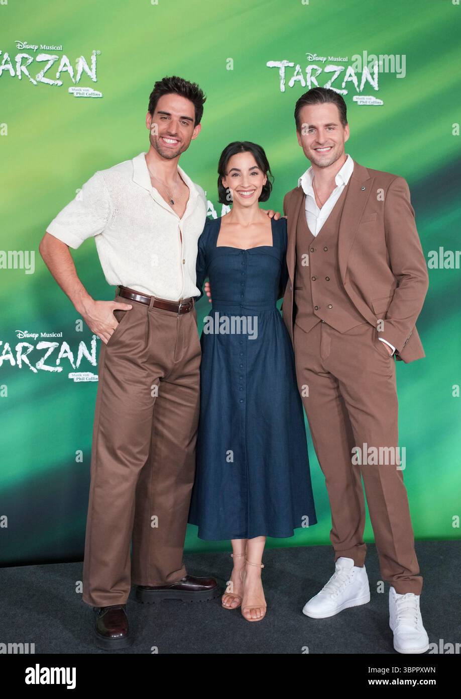 09 July 2025, Hamburg: Philipp Büttner (l), as Tarzan, Abla Alaoui, as ...