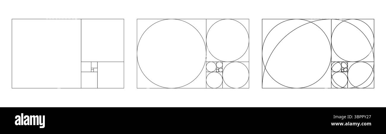 Golden ratio template. Method golden section. Fibonacci array, numbers ...