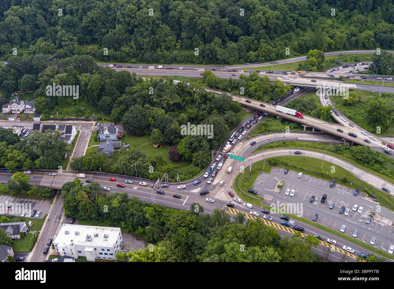 Aerial view of highway interchange with traffic congestion ...