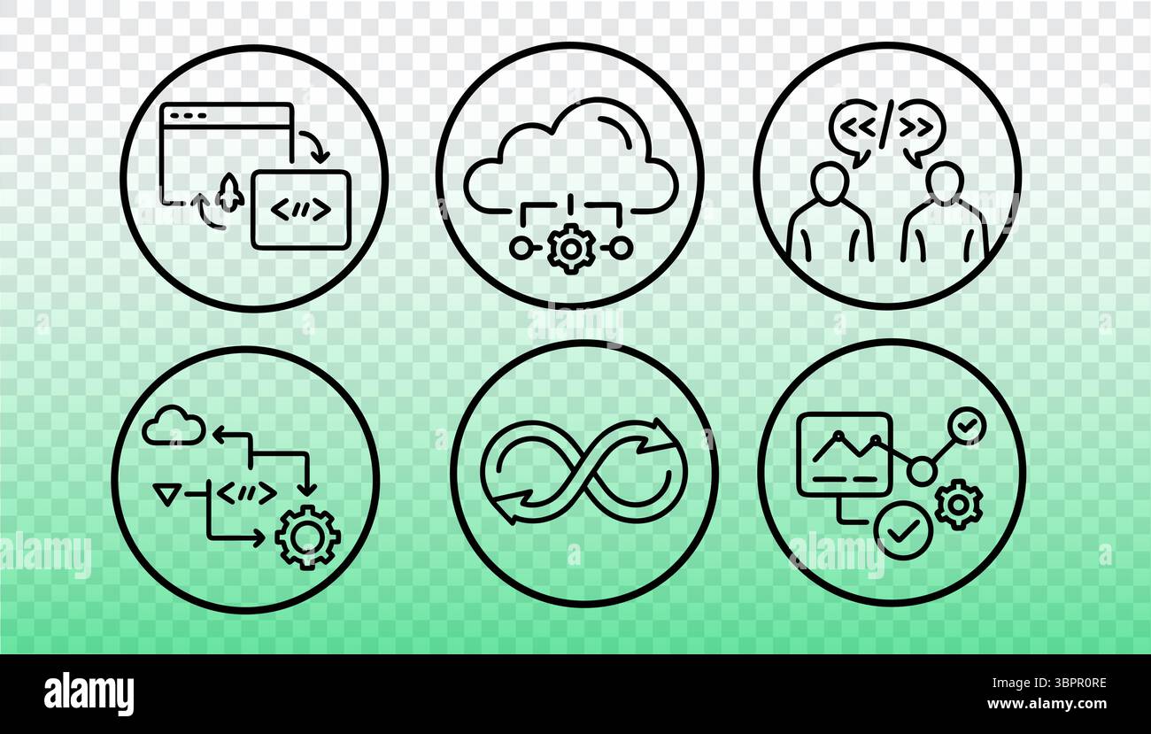 DevOps process diagram icons set. Software development automation workflow infrastructure ...
