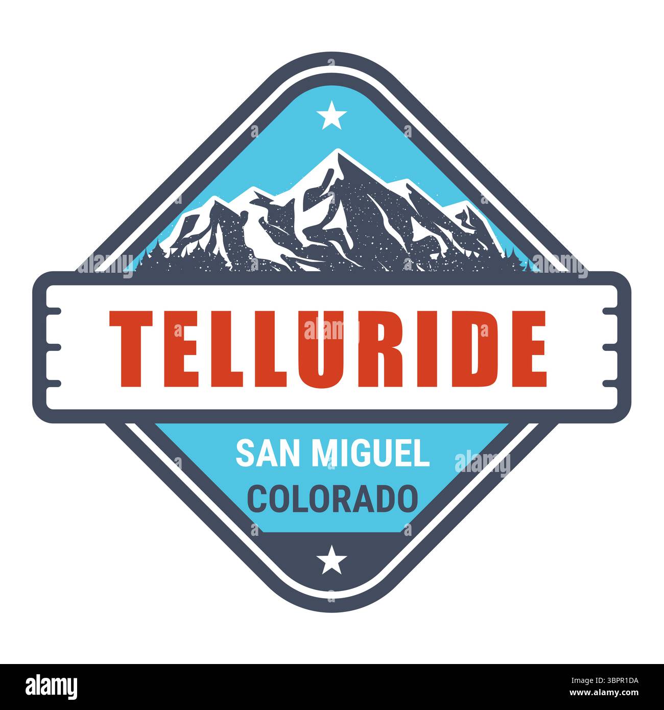Telluride ski resort, Colorado stamp, emblem with snow covered ...