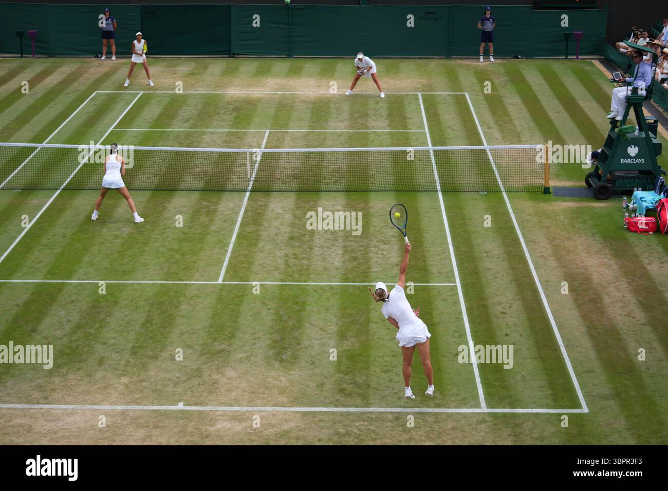 Anna Kalinskaya partnered with Sorana Cirstea serves to Su-Wei Hsieh, top left, and Jelena ...