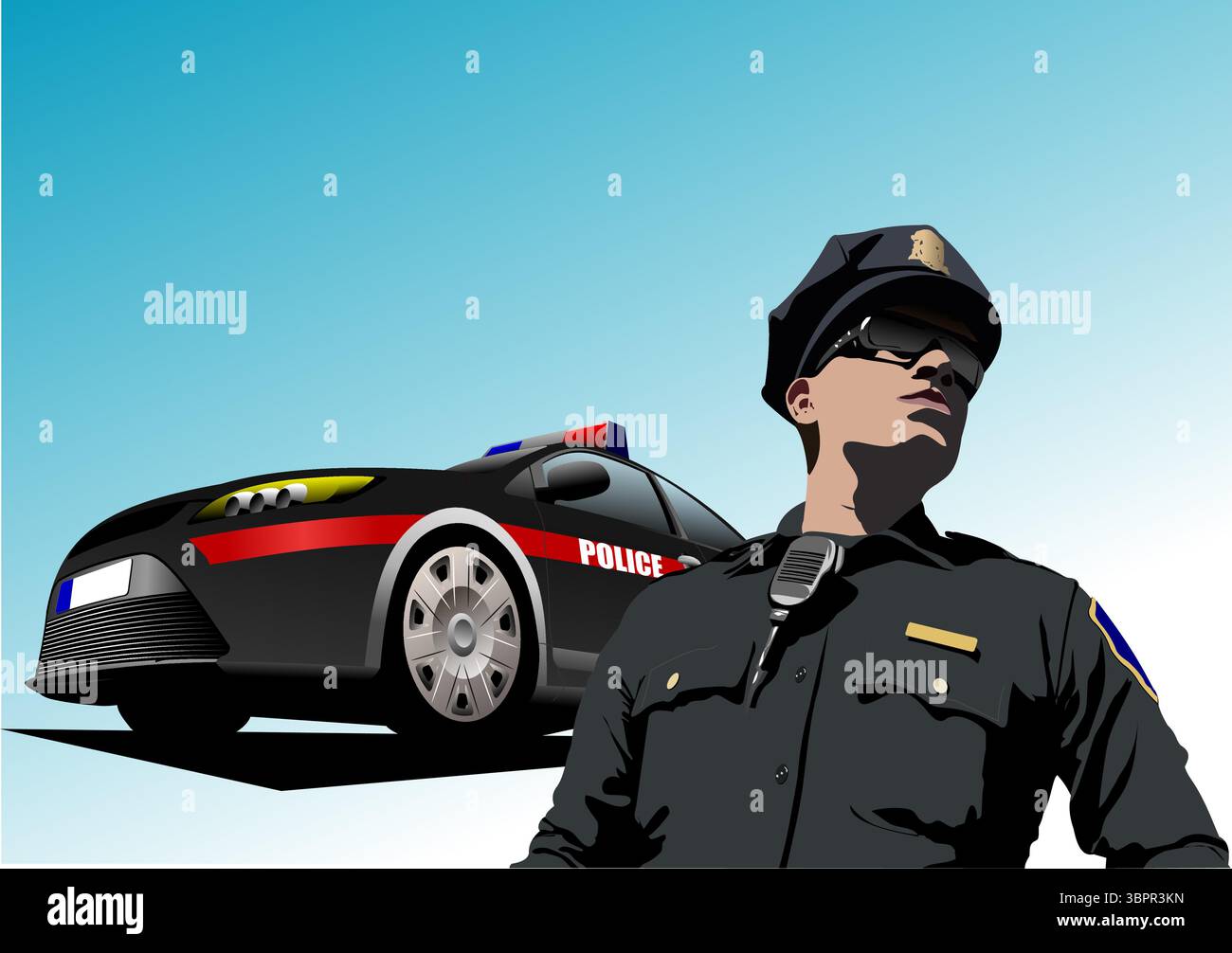 American police officer and police car. 3d color vector hand drawn ...