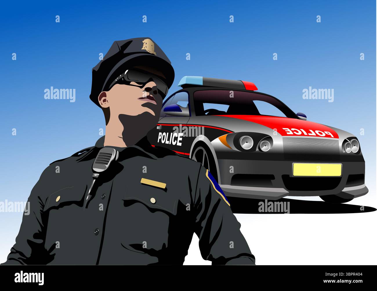 American police officer and police car. 3d color vector hand drawn ...