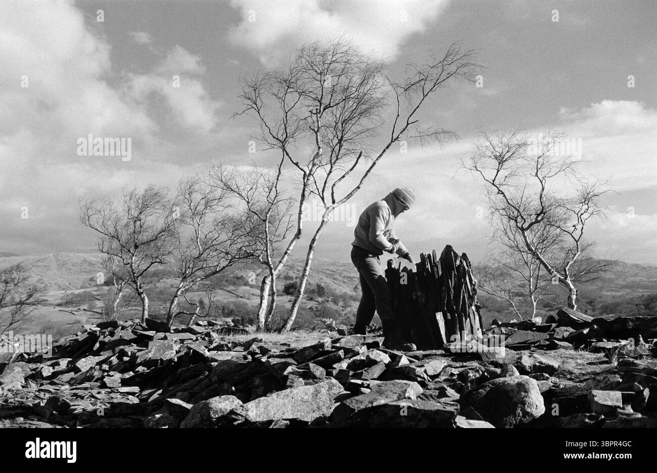 The land artist and sculptor Andy Goldsworthy working on a slate ...