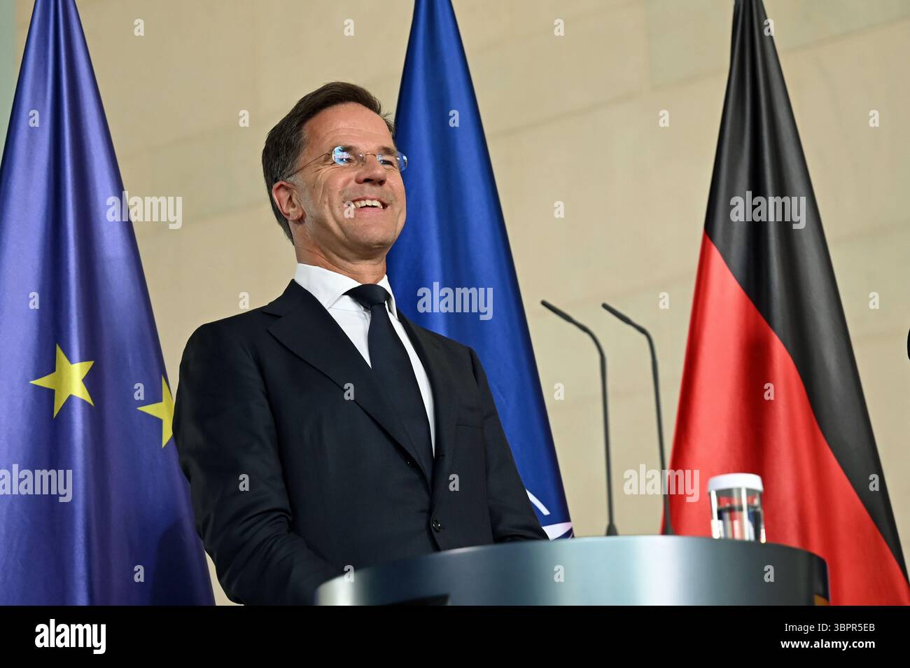 09 July 2025, Berlin: Mark Rutte, NATO Secretary General, holds a joint ...