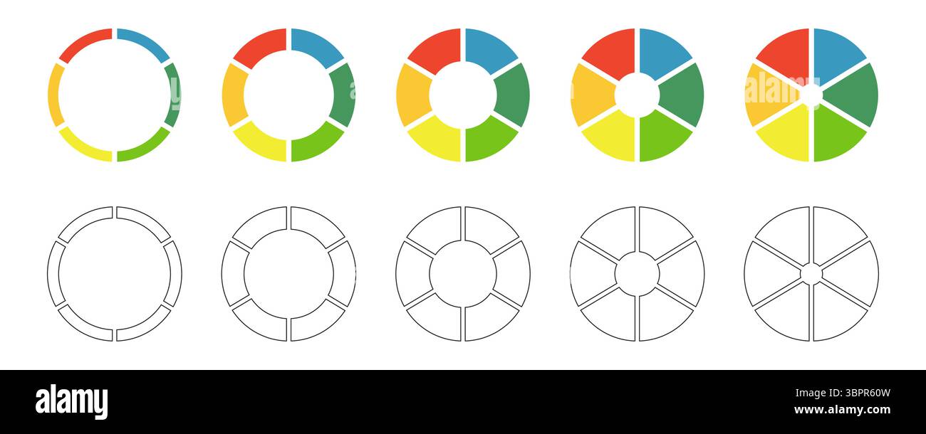 Donut charts set. Pies segmented on 6 equal parts. Wheels divided in ...