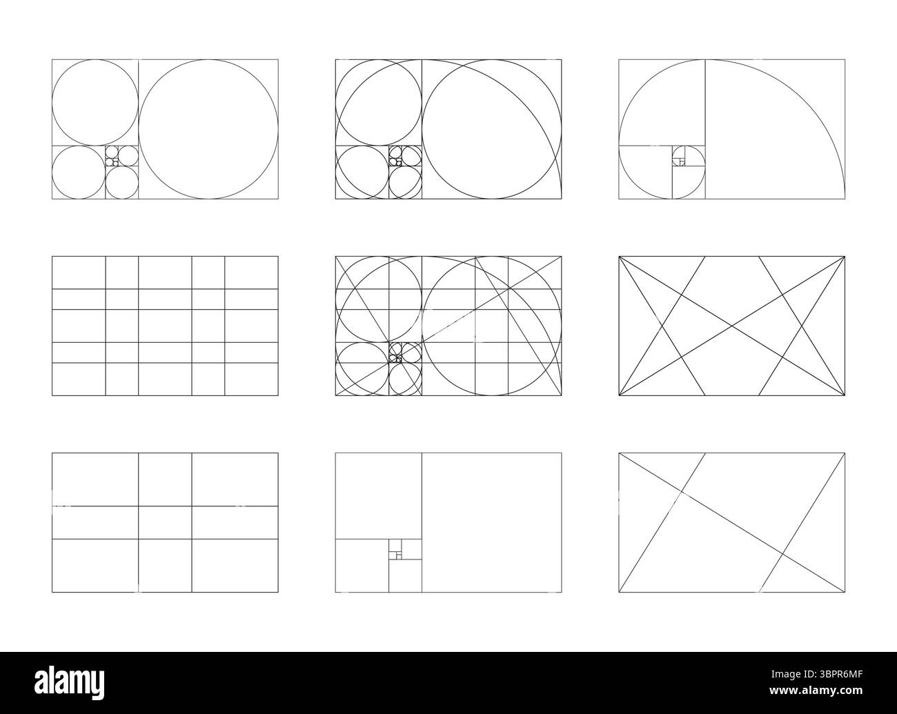 Golden ratio template set. Method golden section. Fibonacci array ...