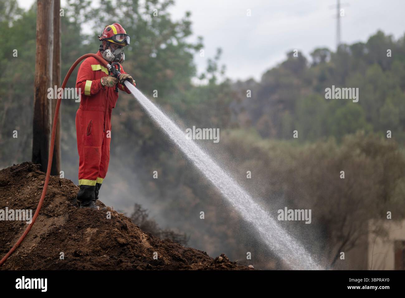 A member of the UME works in an area affected by the fire, July 9, 2025 ...