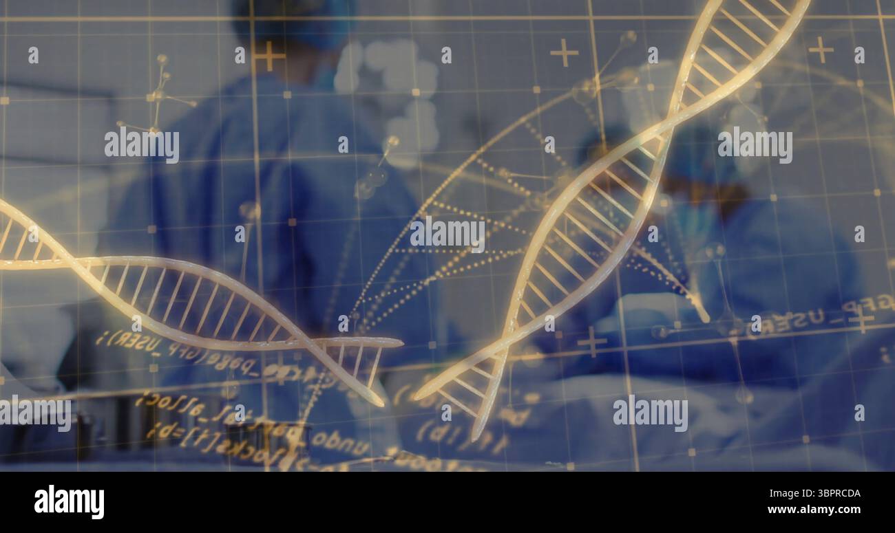 Displaying glowing DNA helix on translucent interface in surgical suite ...