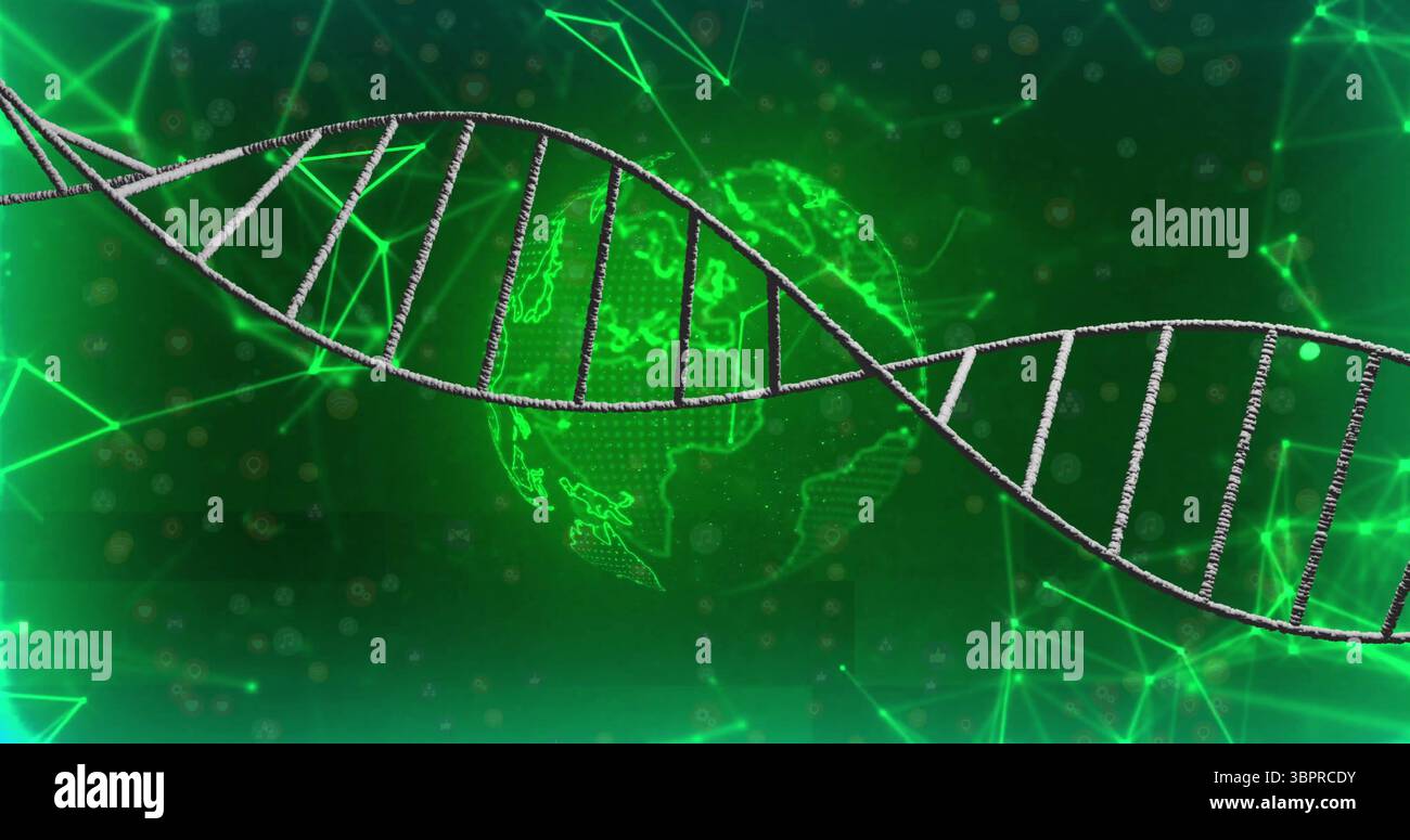 Floating silver DNA helix moving across virtual grid, with glowing ...