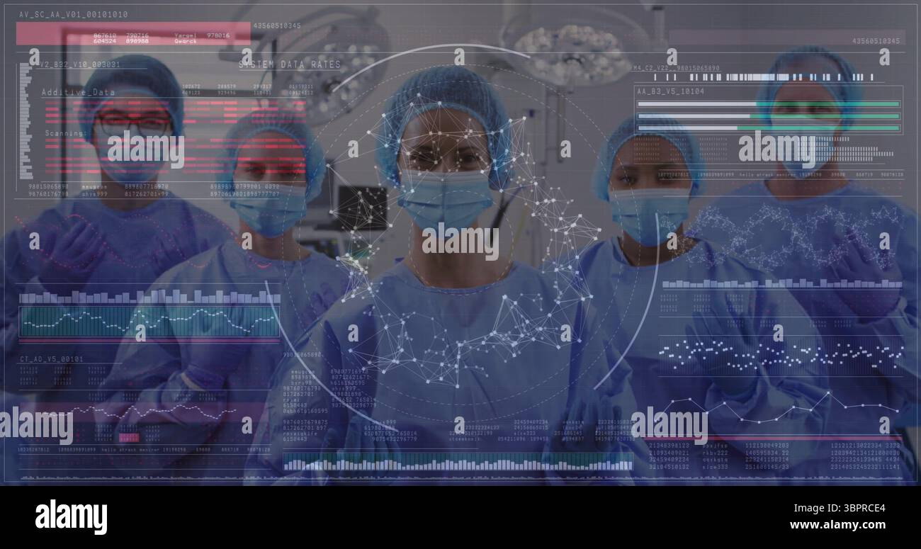 Healthcare professionals in surgical attire with data processing image ...