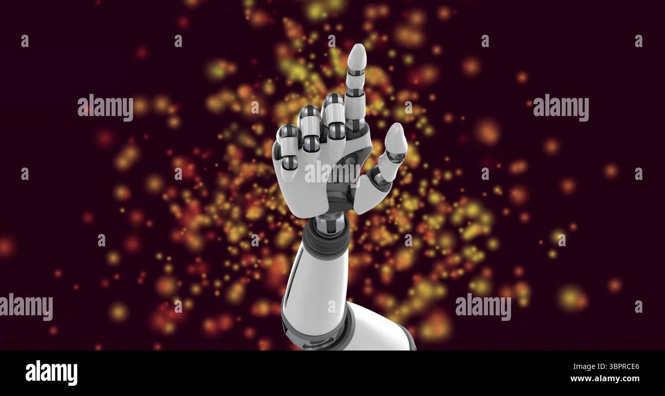 Pointing robotic arm and hand upward in abstract digital environment ...