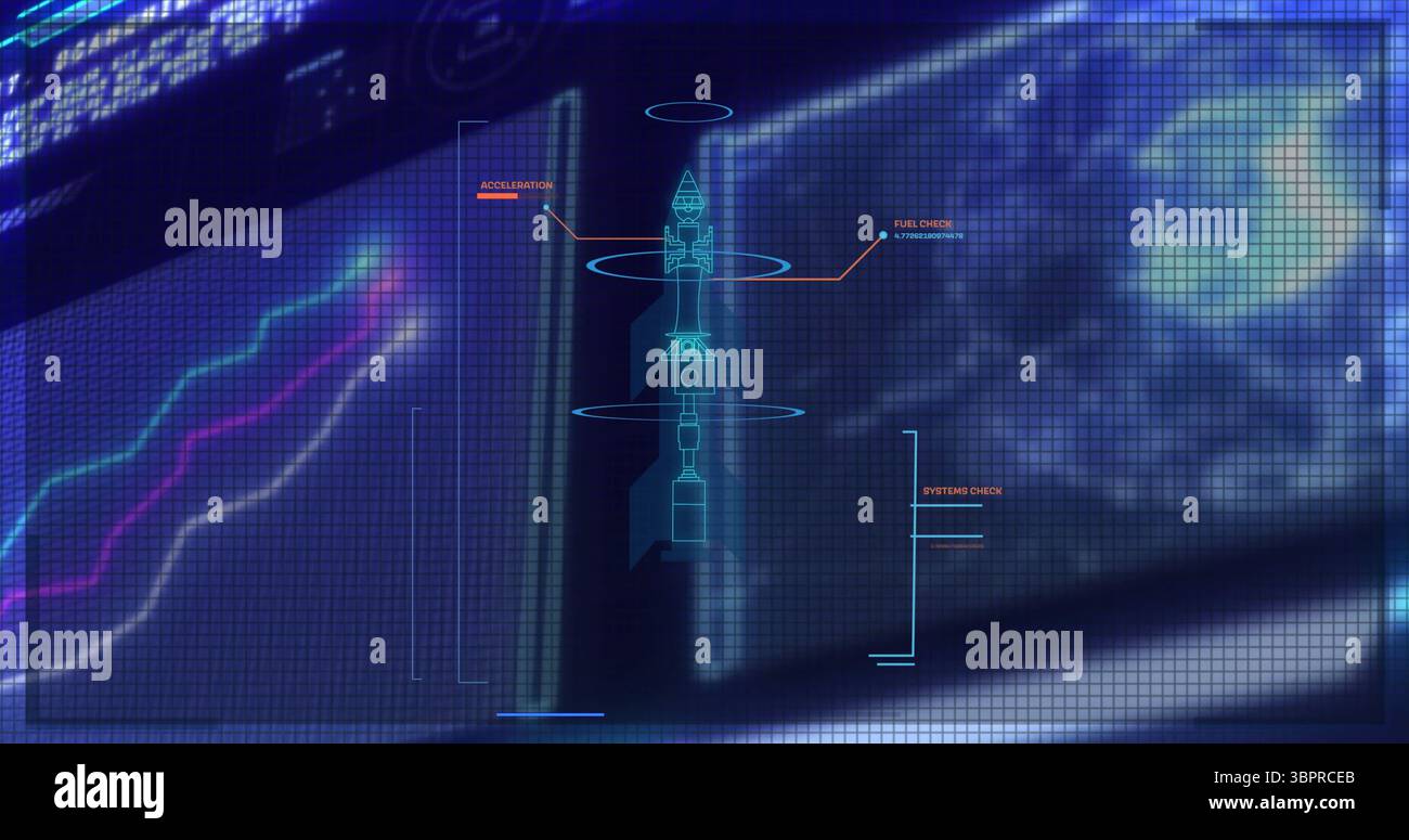 Scanning rocket schematic with metrics on mission control display ...