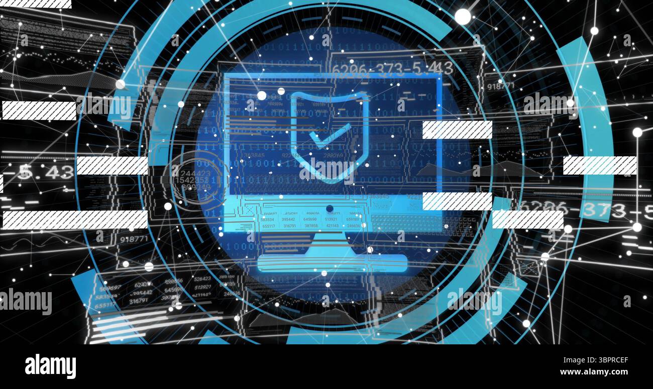 Stylized monitor showing shield and checkmark in cyberspace with rings, nodes and binary code ...