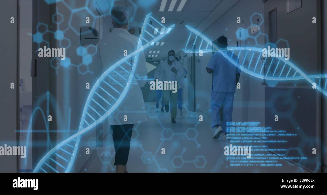 Medical professional in lab coat and mask moving fast in hospital ...