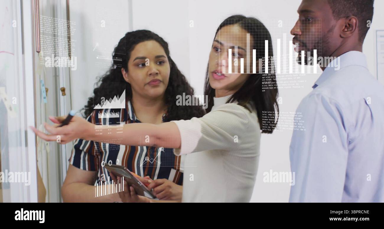 Pointing presenter in white top explaining charts on glass board in ...