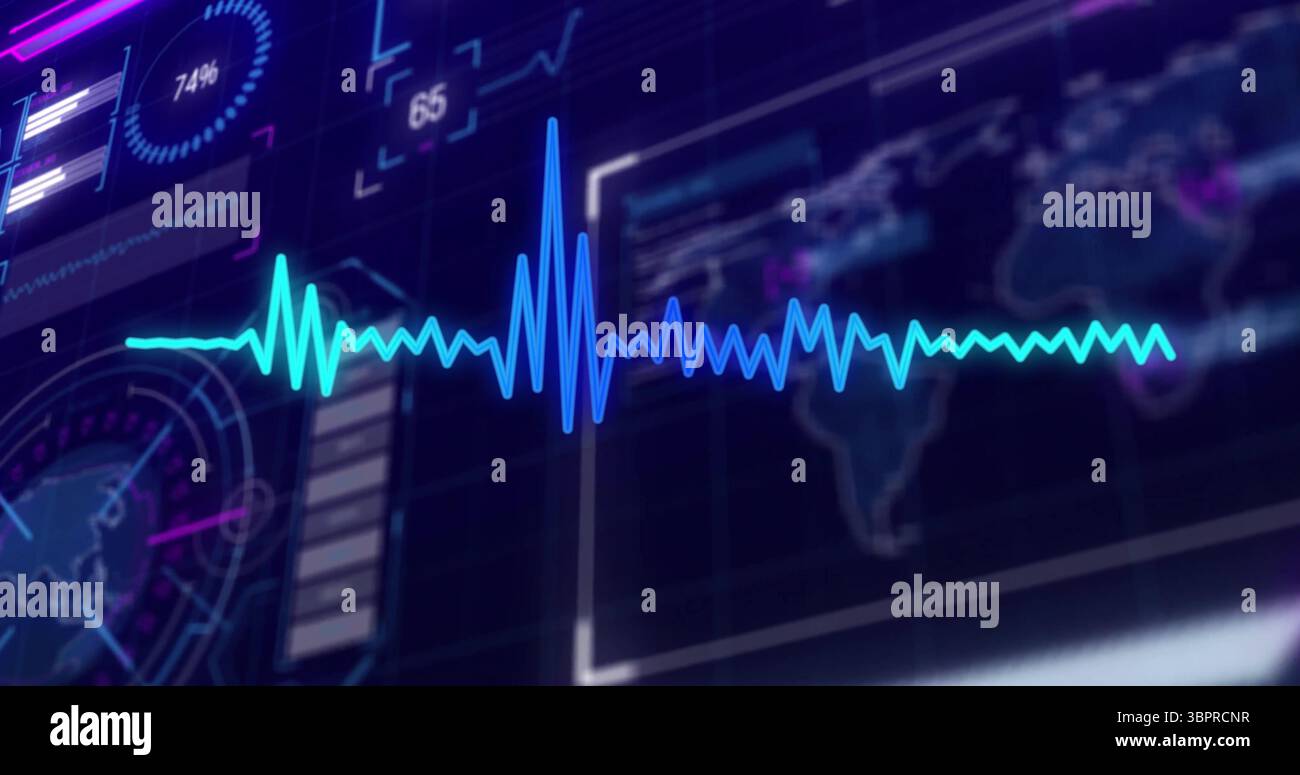 Displaying blue waveform oscillating across digital interface, with 74% ...