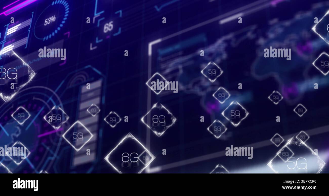 Displaying floating 5G and 6G icons in virtual dashboard with gauge and data charts Stock Photo ...