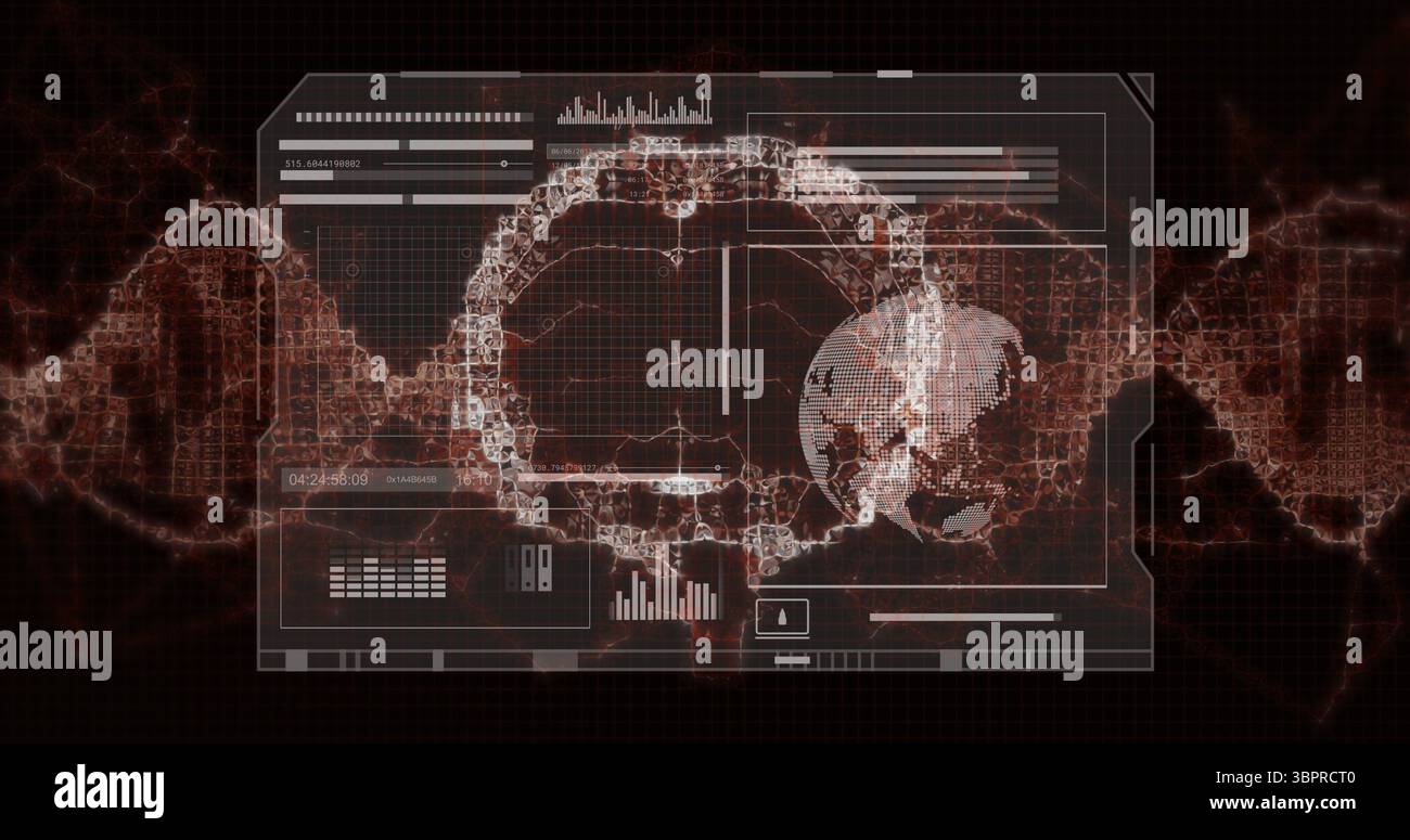Displaying DNA double helix lying on grid on data dashboard, with pixelated globe and data ...