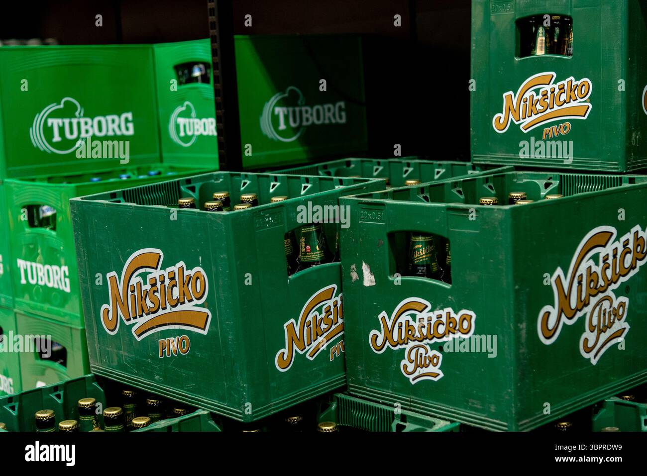 Bar, Montenegro, 17 May 2025, stand with various beers in cans and ...