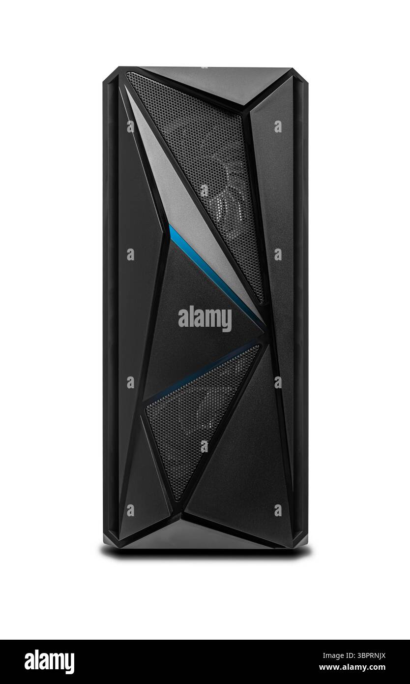 A sleek black gaming computer case with angular geometric front panel ...