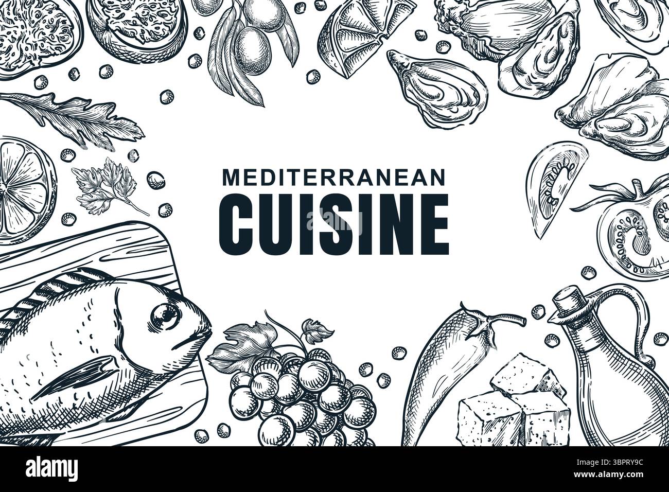 Mediterranean cuisine and ingredients frame. Vector hand drawn sketch ...