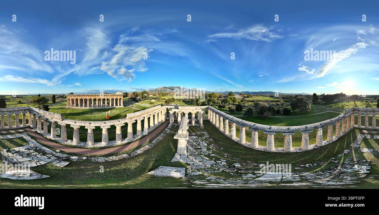 Panoramic view of ancient Roman ruins of Paestum, Italy with columns ...