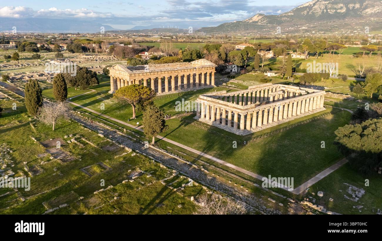 Aerial view of ancient Greek temples in Paestum, Italy, surrounded by ...