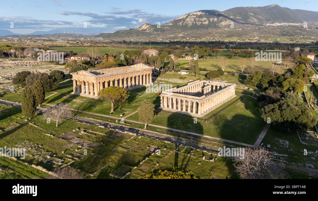 Aerial view of ancient Greek temples in Paestum, Italy, surrounded by ...
