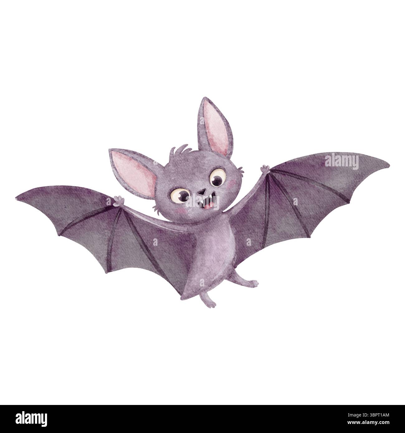 Cute cartoon bat flying with wings spread, painted in soft watercolor ...