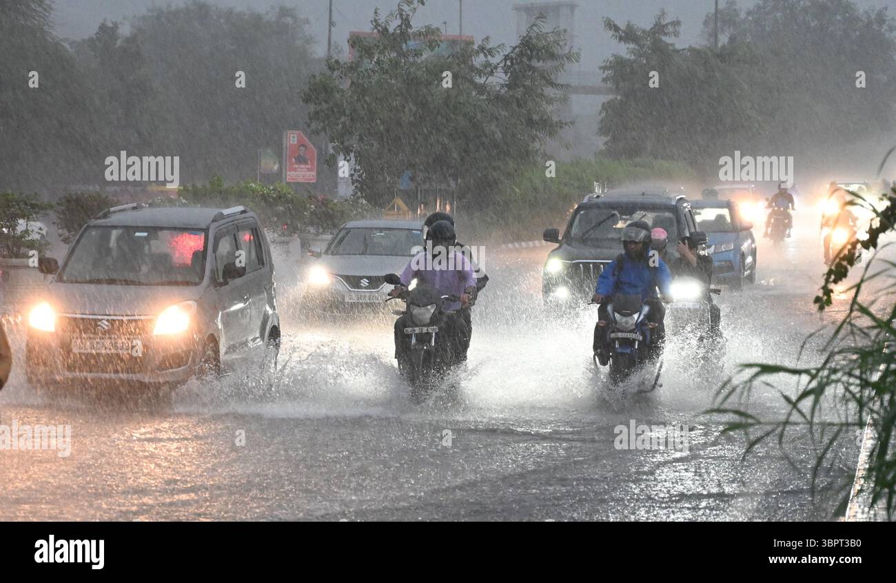 NEW DELHI, INDIA - JULY 9: Heavy Rain shower at Ring road near ...