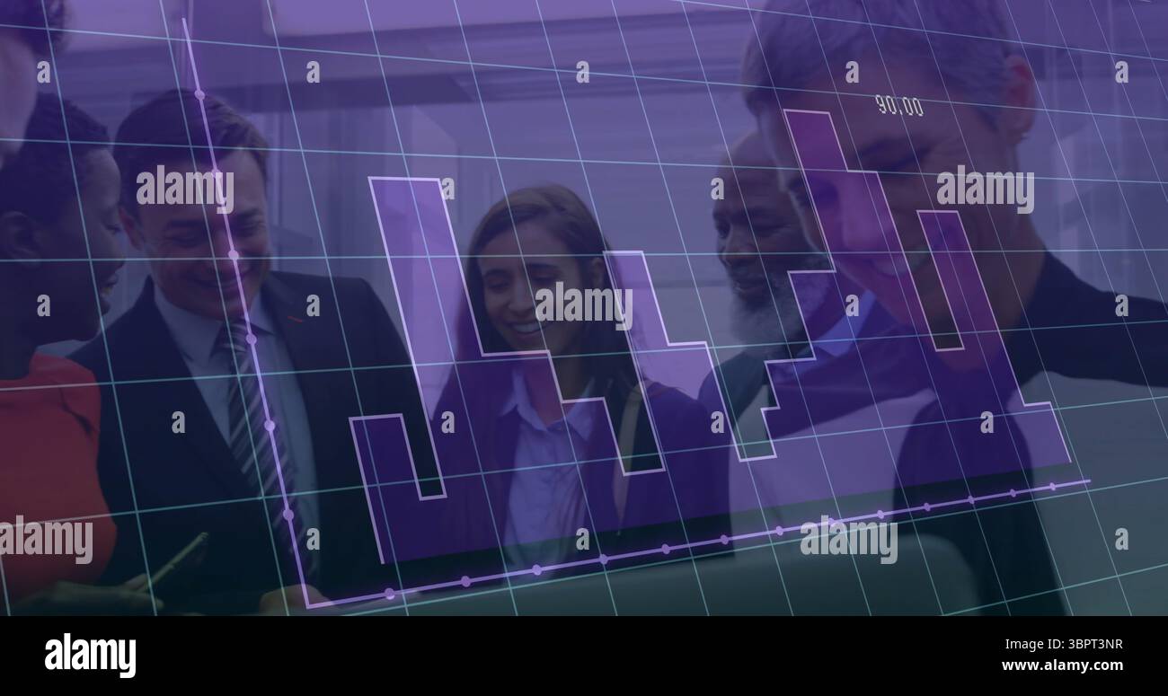 Collaborating in office, business team discussing with financial graph ...
