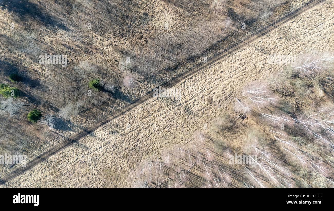 Aerial view of a barren landscape with a dirt path cutting through dry ...