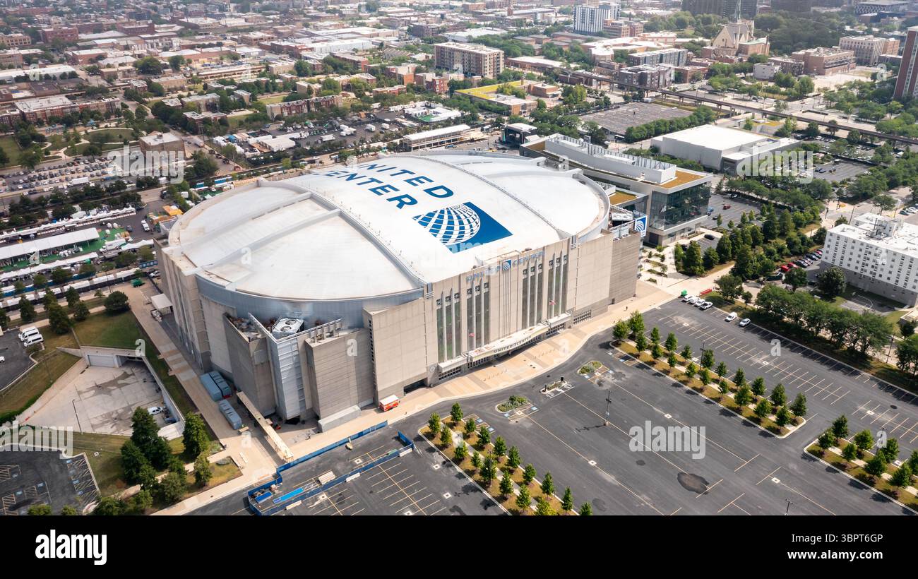 Aerial view of the United Center, which opened in 1994 and the largest ...
